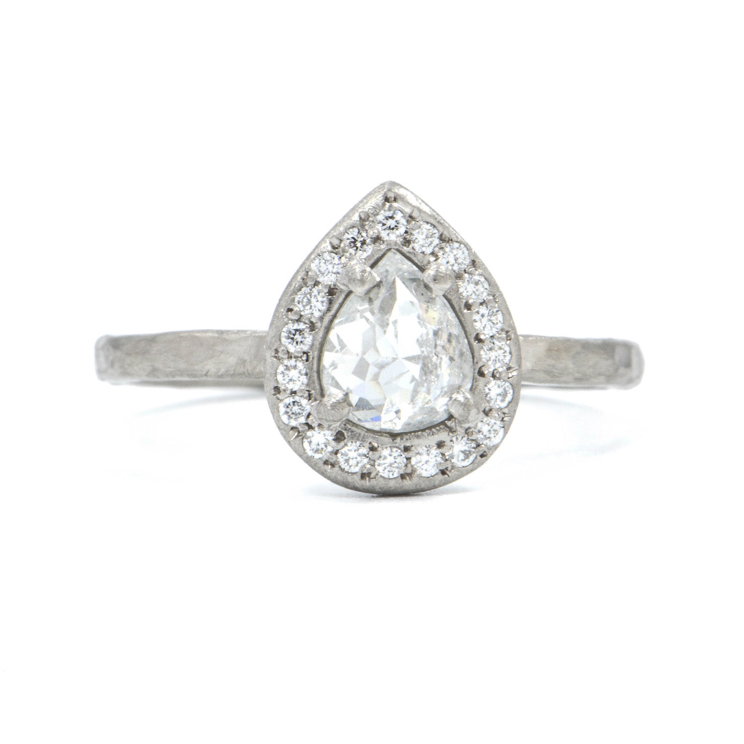 Rose Cut Icy Grey Pear Diamond + Diamond Halo Ring – Silverado Gallery