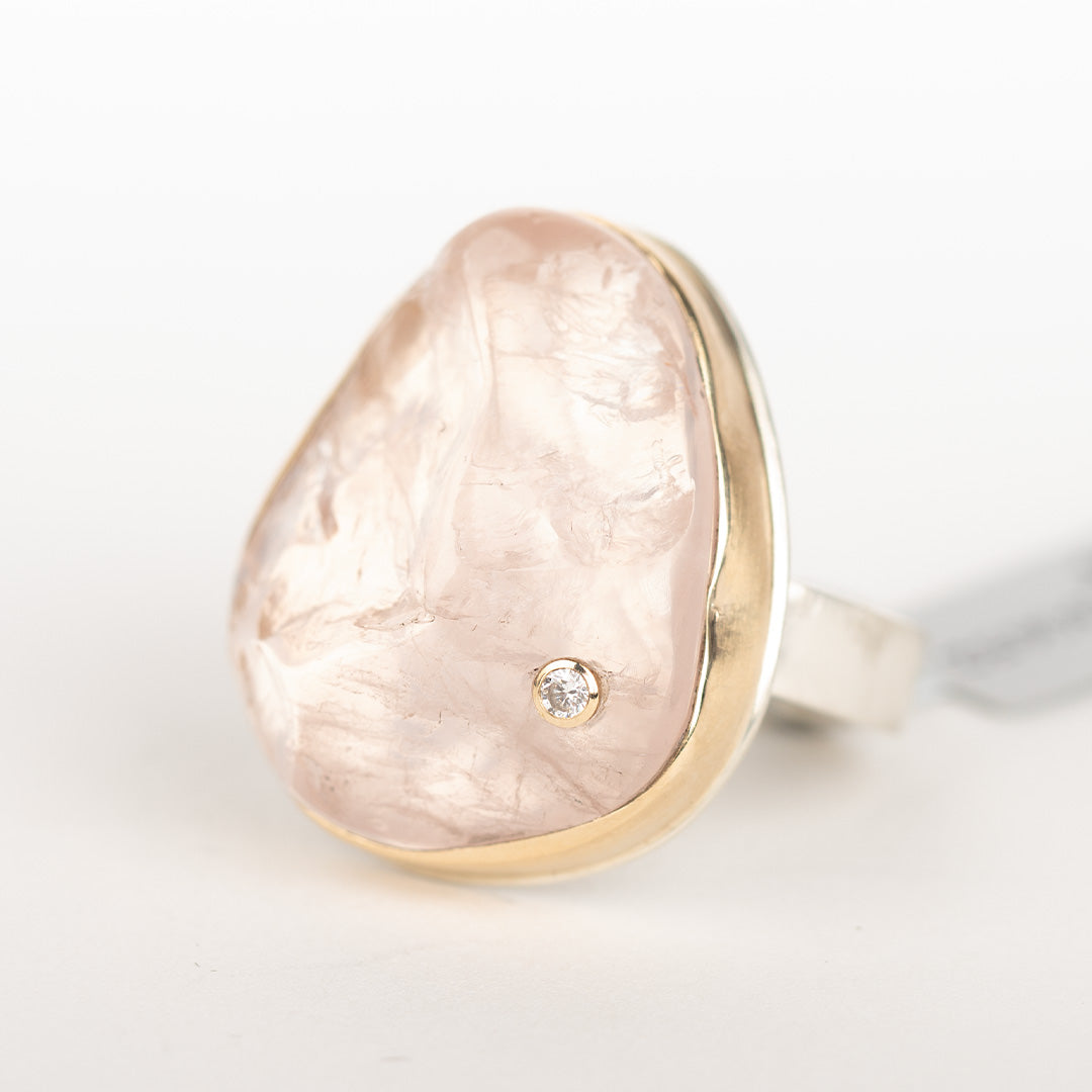 Trunk Show Surface Cut Rose Quartz + Diamond Ring – Silverado Gallery